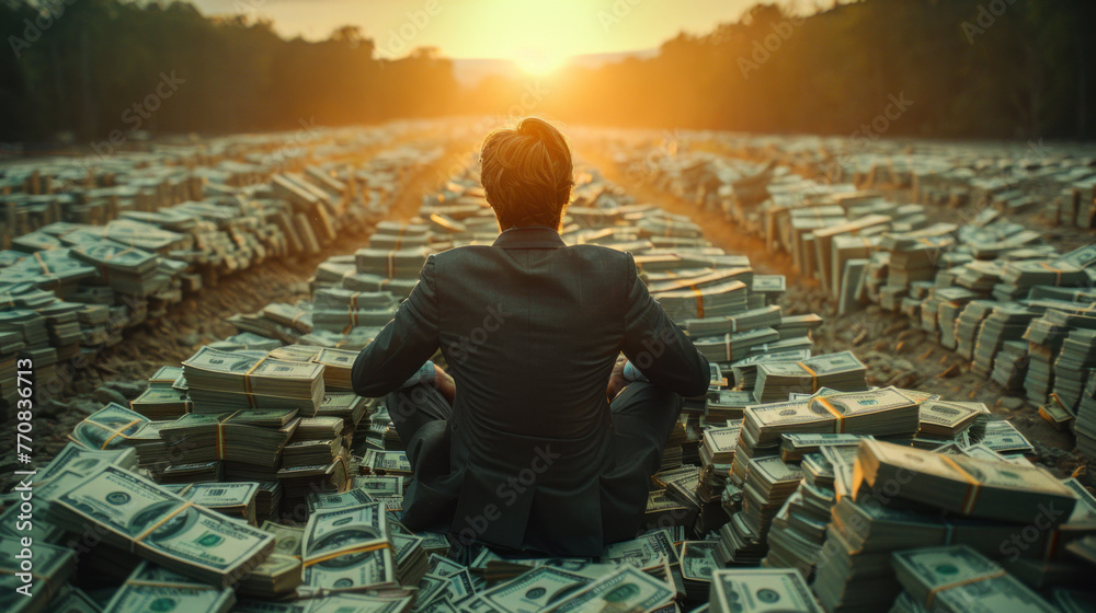 A billionaire sits atop a vast mound of banknotes, exuding wealth ...