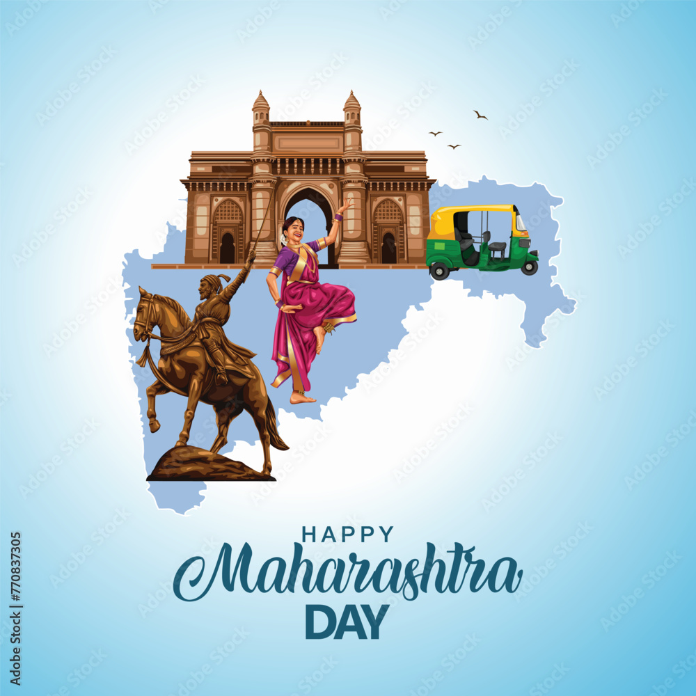 happy Maharashtra Day with Maharashtra map vector and Shivaji Maharaj ...