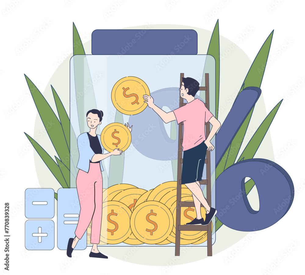 Couple saving money simple. Man and woman with golden coins near glass ...