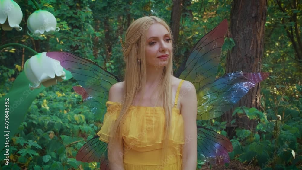 Happy smiling face fantasy woman fairy in yellow dress bright butterfly ...