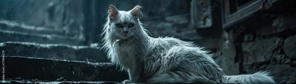 Ghost cat haunting an old mansion, gothic horror art style, moody and ...
