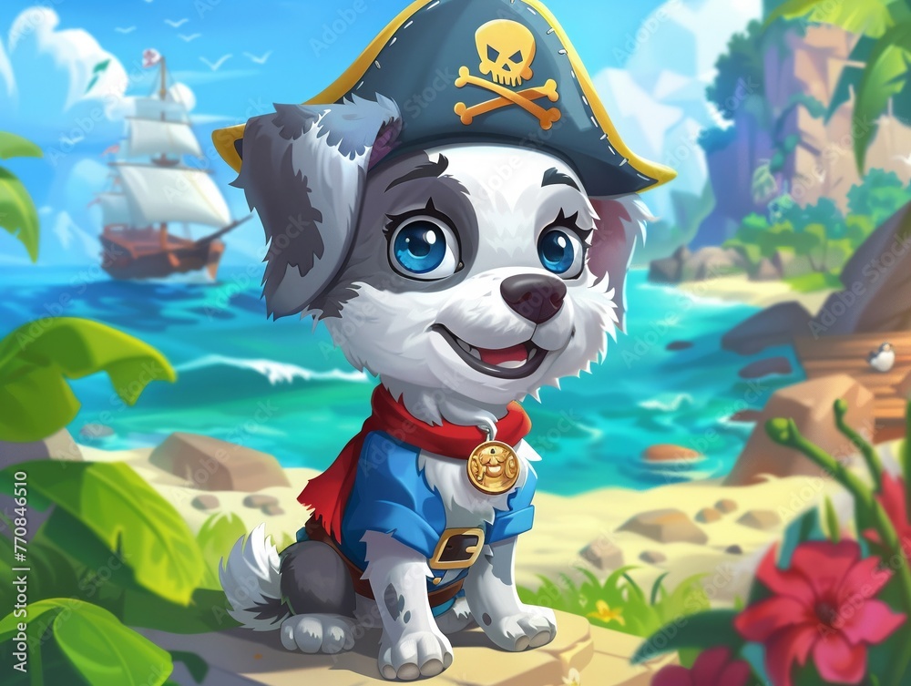 Pirate dog on a treasure hunt, classic adventure style, on a tropical ...