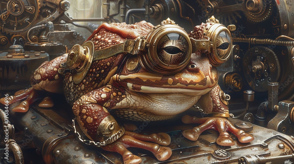 Steampunk frog with goggles and gears, intricate steampunk illustration, amid steampowered ...