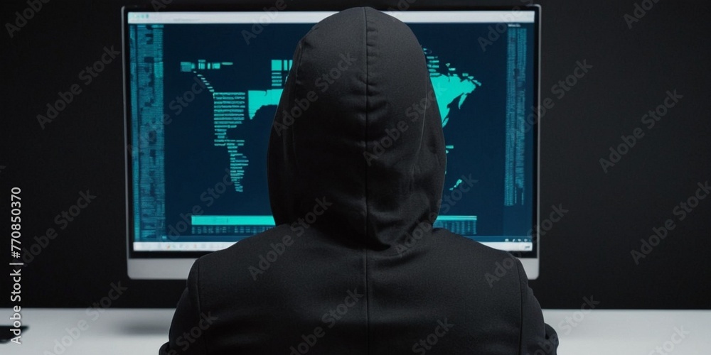 Hooded hacker in front of a computer screen with a world map. Stock ...
