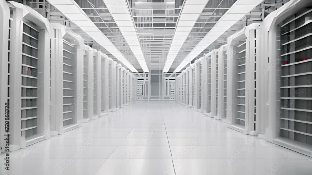 Clean, modern data center with rows of server racks in a well-lit ...