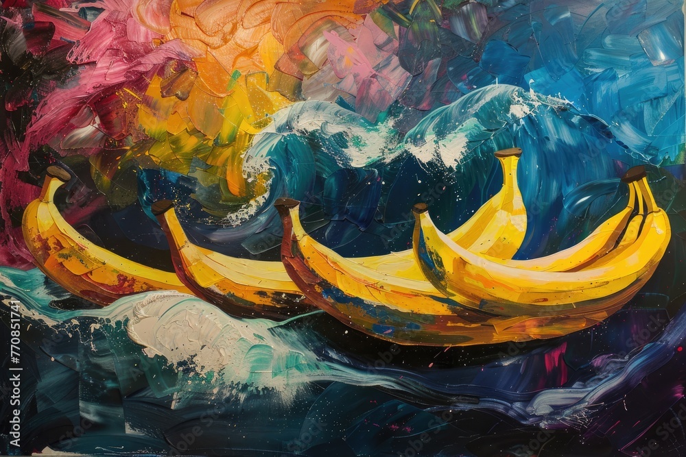 An abstract painting where bananas are reimagined as boats floating on ...