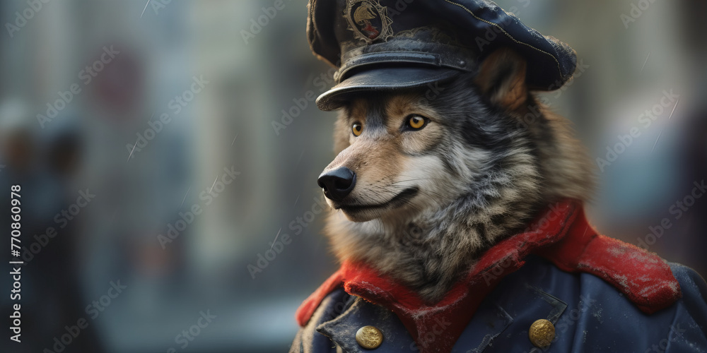 Stoic Wolf Soldier in Vintage Uniform Gazing Forward Amidst the Rain ...