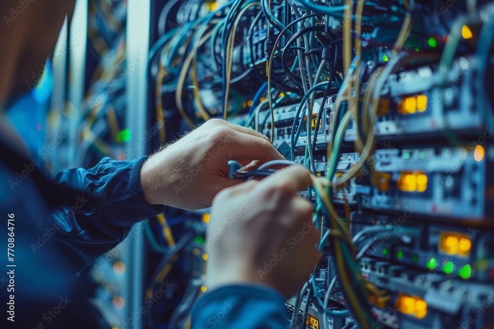 A network engineer works on servers in a data center, configuring cloud ...
