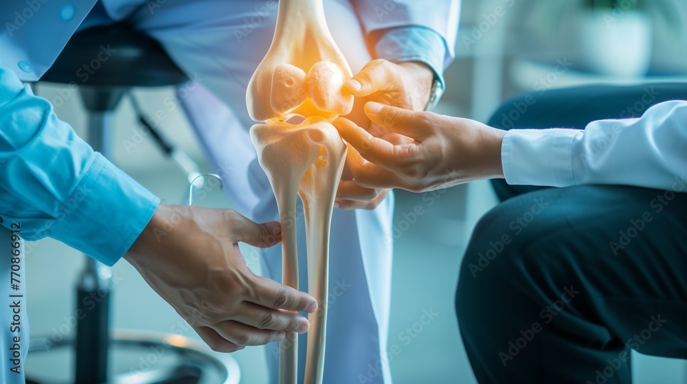 Orthopedic surgeon doctor examining patient's knee joint x-ray films ...
