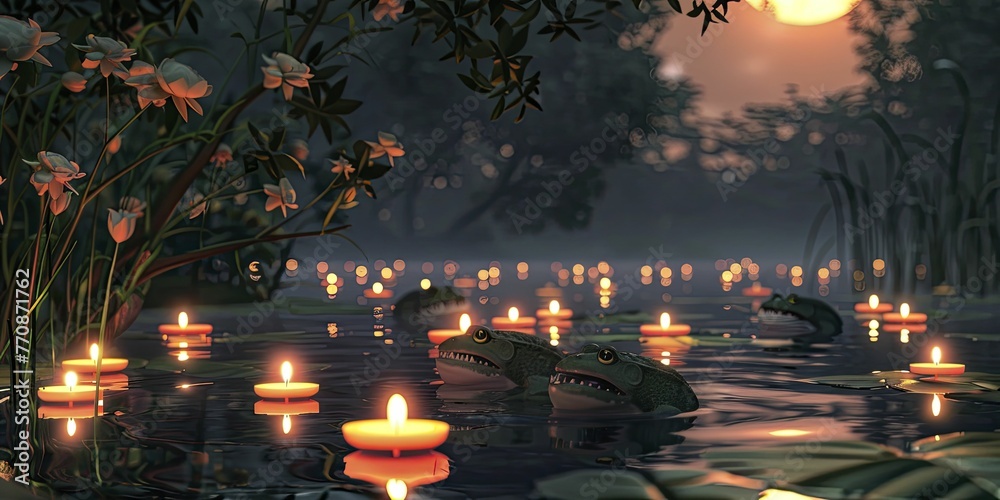 Amphibians crooning under the moon, encircled by flickering lights, pay ...