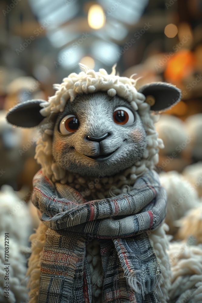 Sheep in a 3D cartoon embodying textile labor, weaving fabric to ...