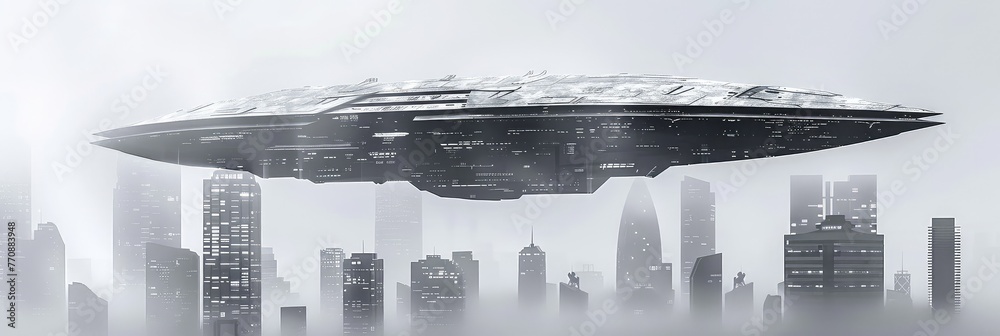 Alien invasion. Huge alien spaceship hovered over a densely populated ...