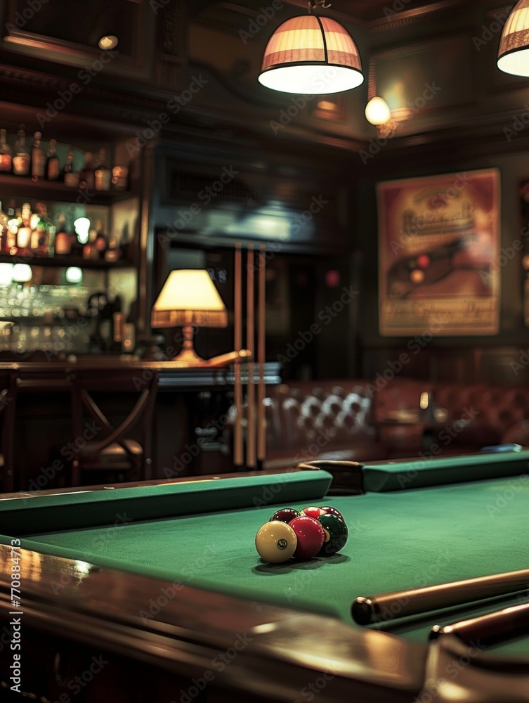 Elegant pool table in a classic, well-lit bar with stocked shelves and ...