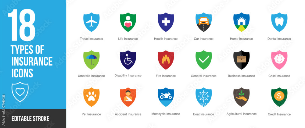 Vetor de Types of Insurance icon set in color style. Types of Insurance ...