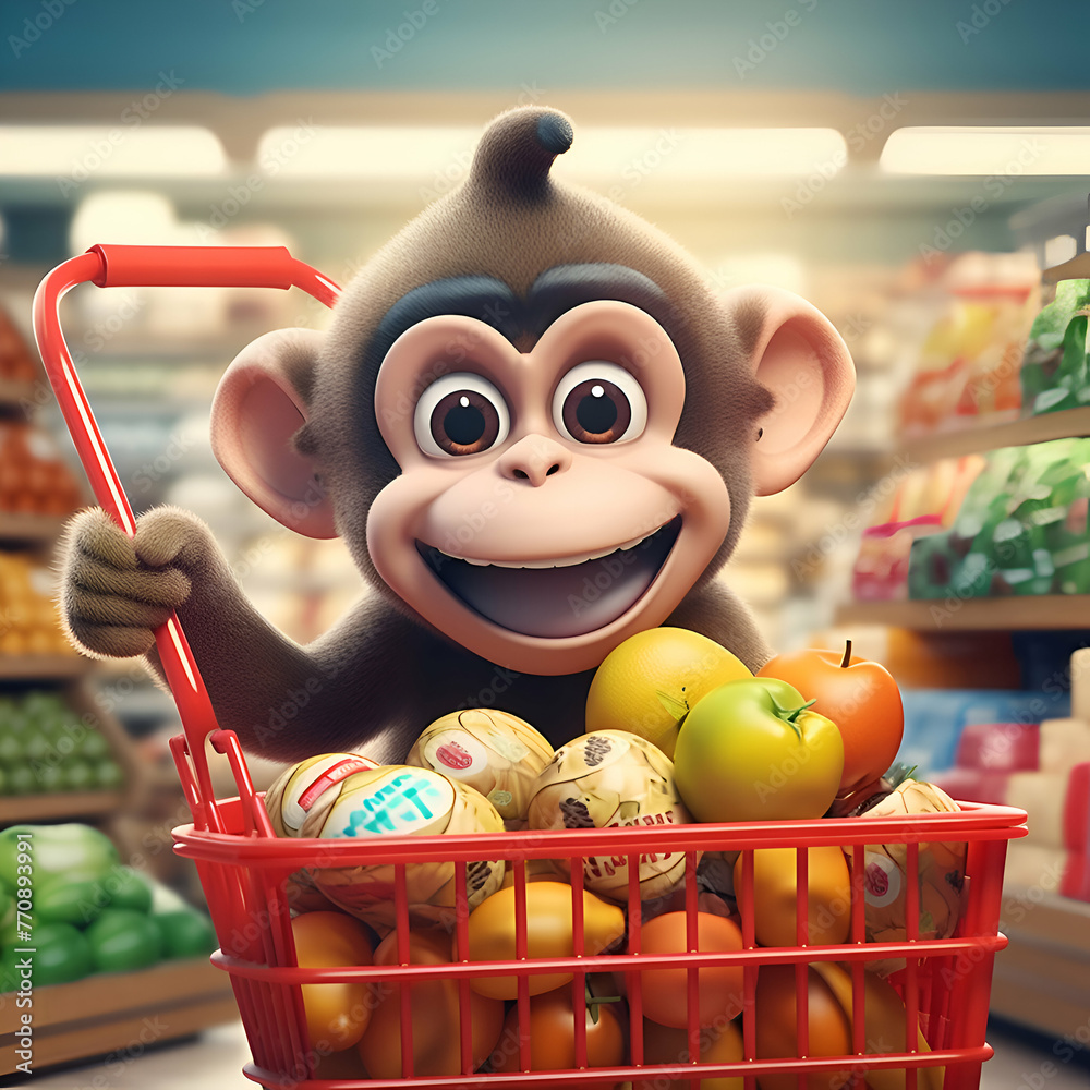 Cute monkey with shopping basket full of fruits and vegetables in ...