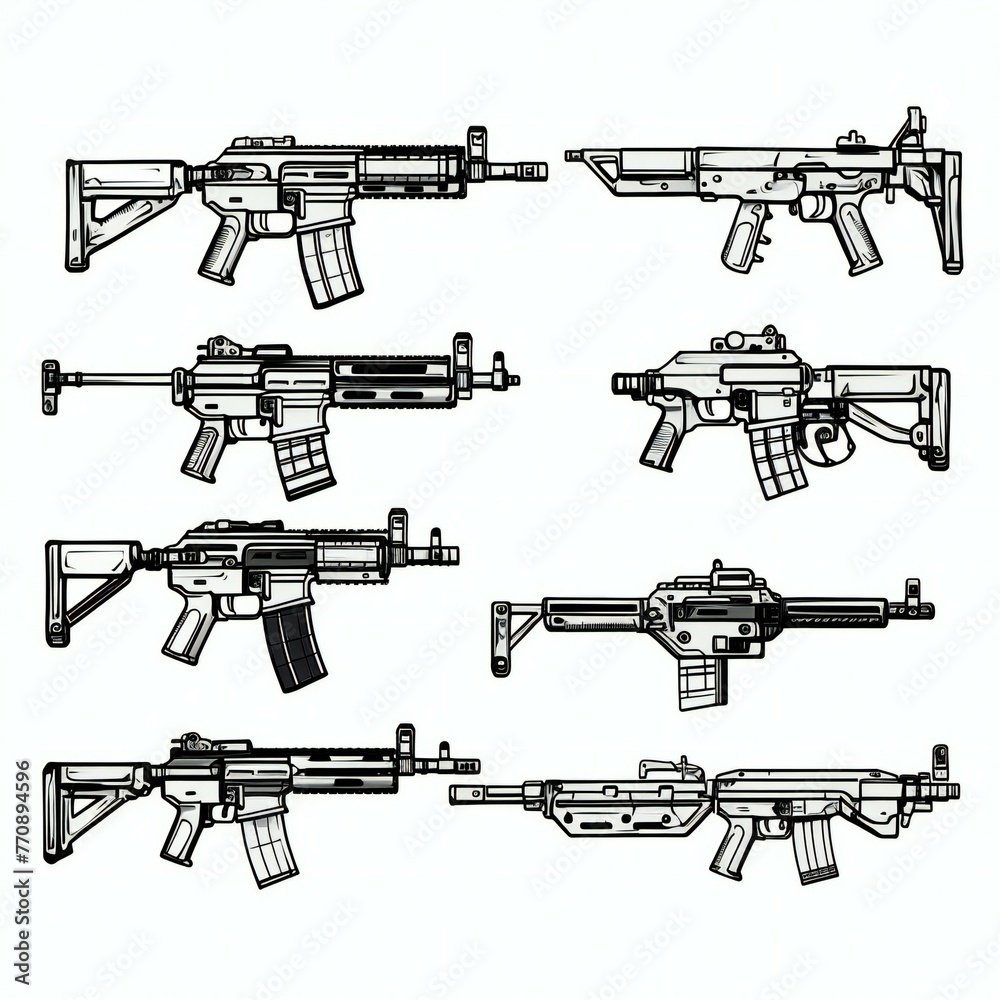 set of machine gun black outline white illustration Stock Illustration ...