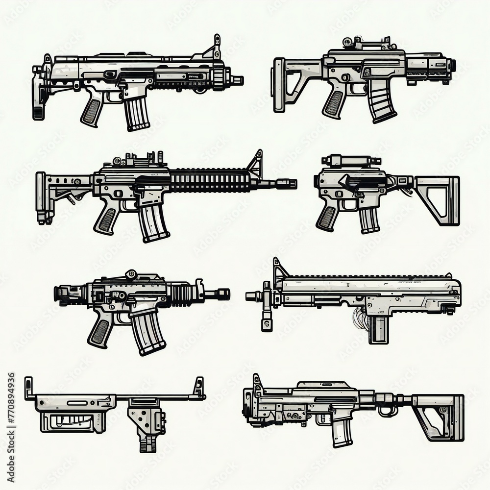 set of machine gun black outline white illustration Stock Illustration ...