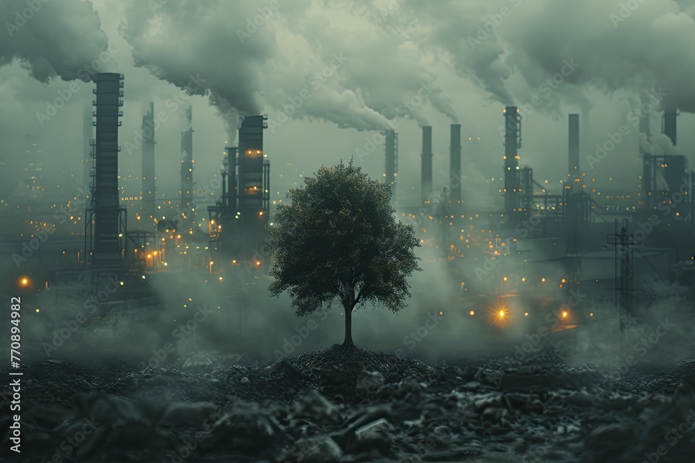 An emblematic lone tree wilting amid industrial smokestacks, emblematic ...