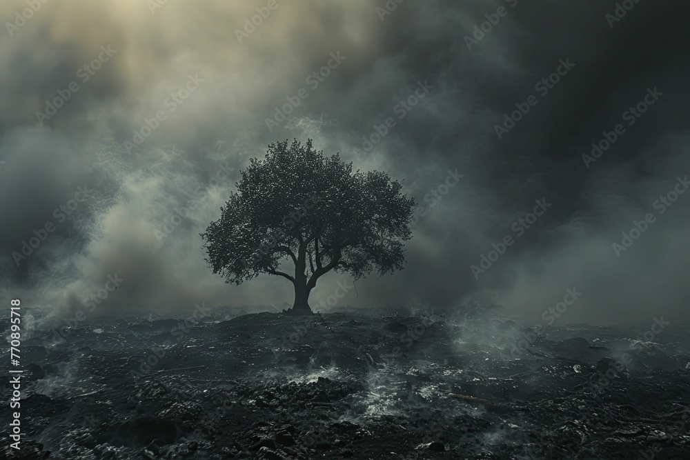 An ashen tree stands in a smoke-filled landscape against a dark ...