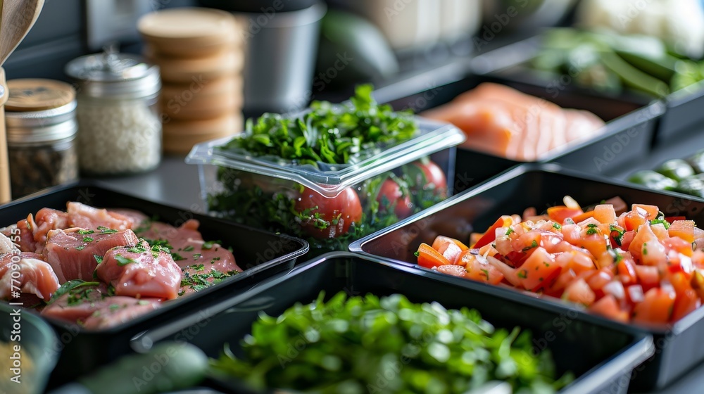 Preparing healthy food in containers for the work week for large family ...