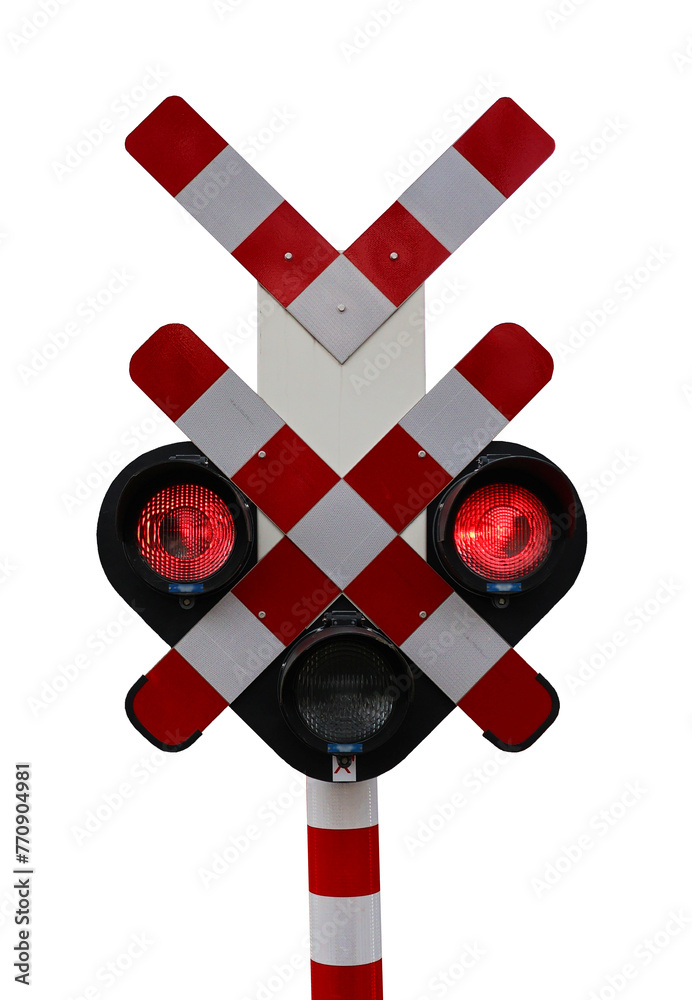 Level crossing lights. Red lights of railway crossing isolated on white ...