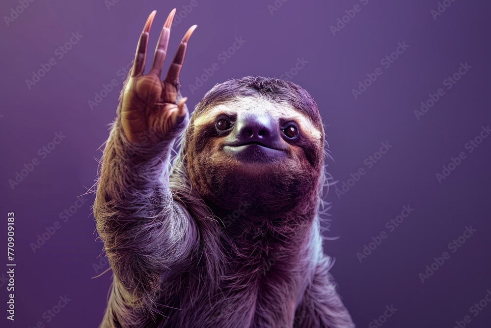 funny surprised sloth raising hand on isolated color background Stock ...
