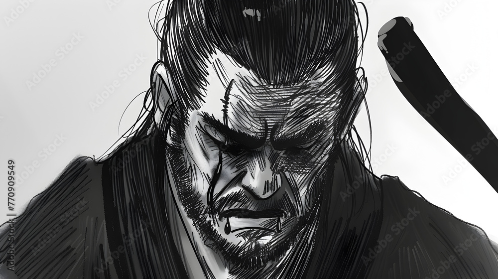 high contrast black and white drawing of samurai crying by Joseph ...