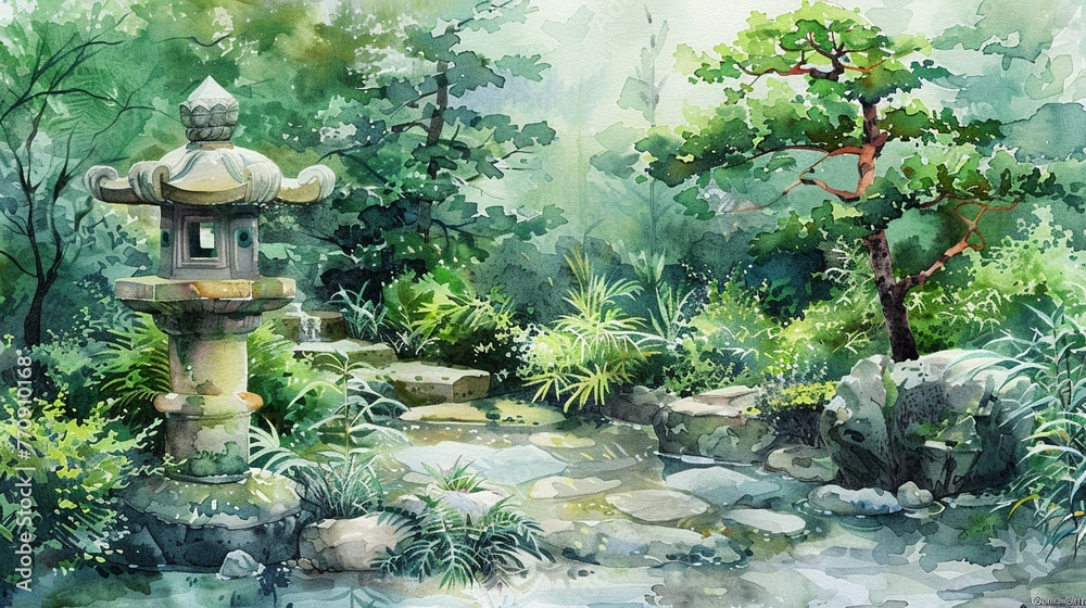 Watercolor zen garden, serene rockery, lush green trees, and ferns ...