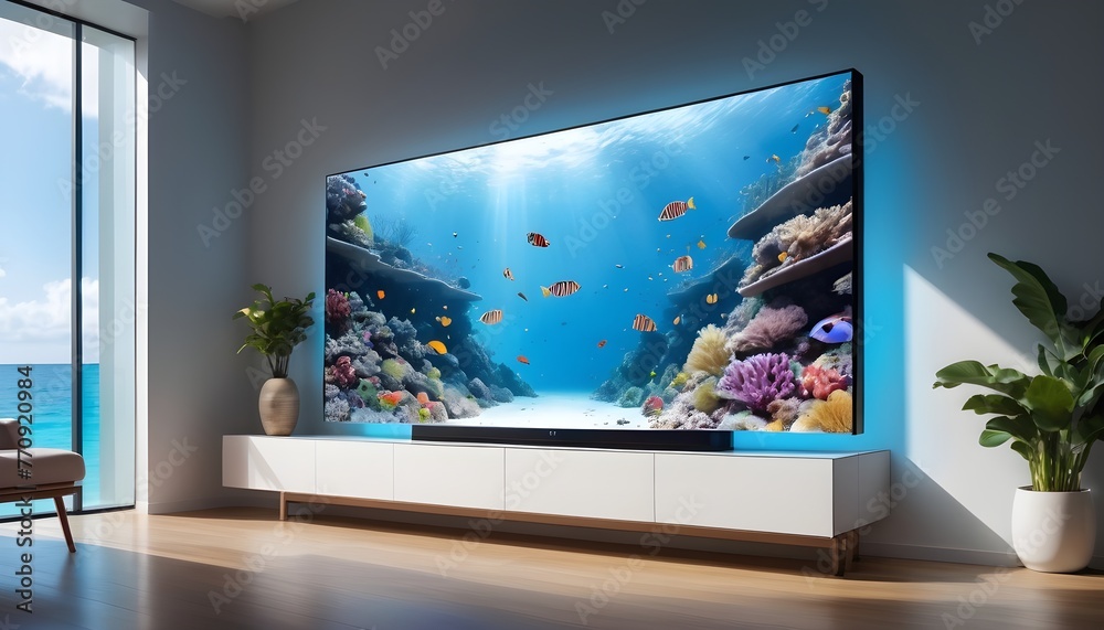 A transparent OLED TV screen suspended in mid-air, displaying a ...