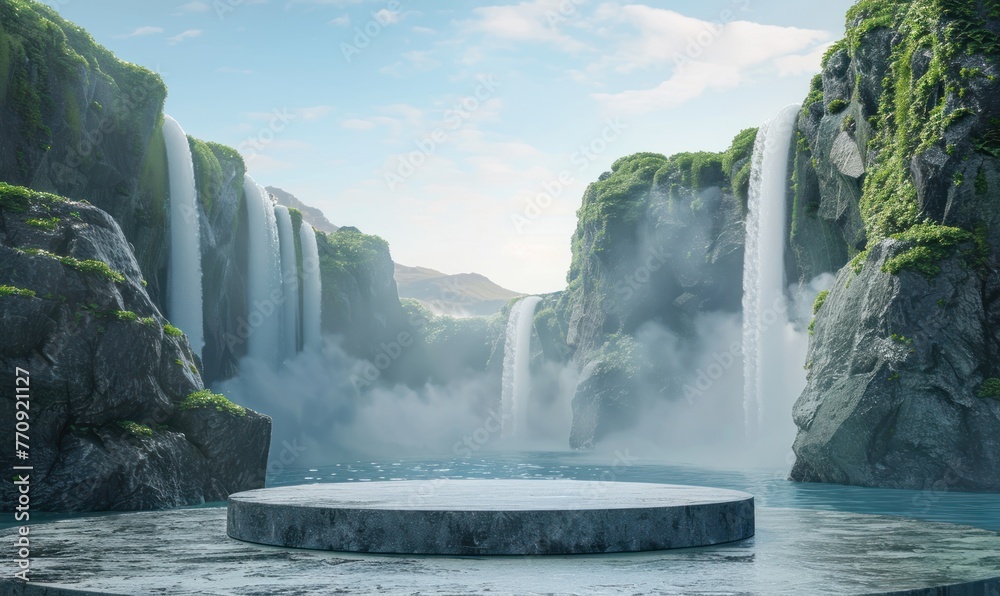 Empty Round Podium in the Middle of Waterfall Valley Background with ...