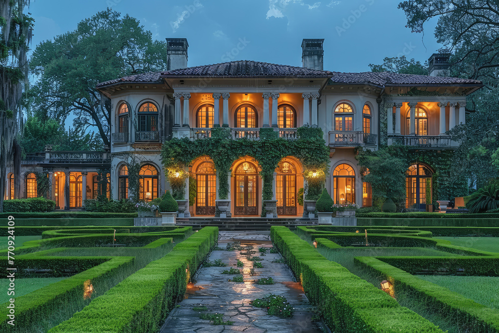 A stunning photograph shows the front view exterior of an elegant ...