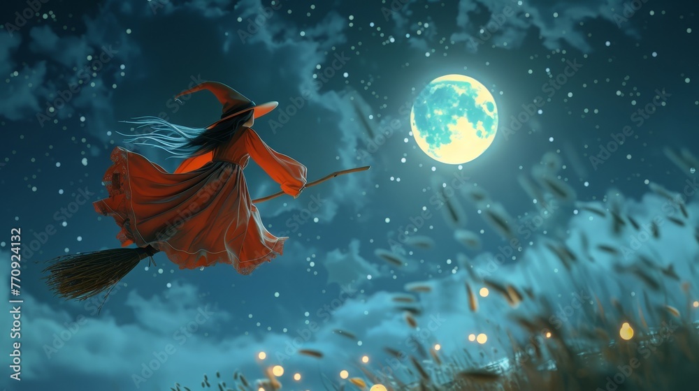 A witch flying on a broomstick in front of a full moon. The image has a ...