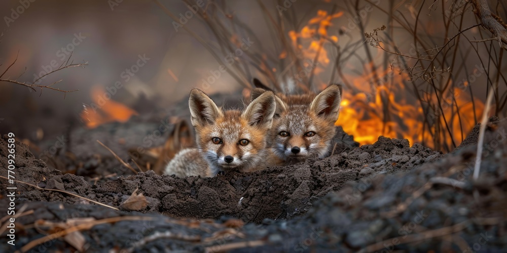 International Firefighters Day, a family of foxes on the background of ...