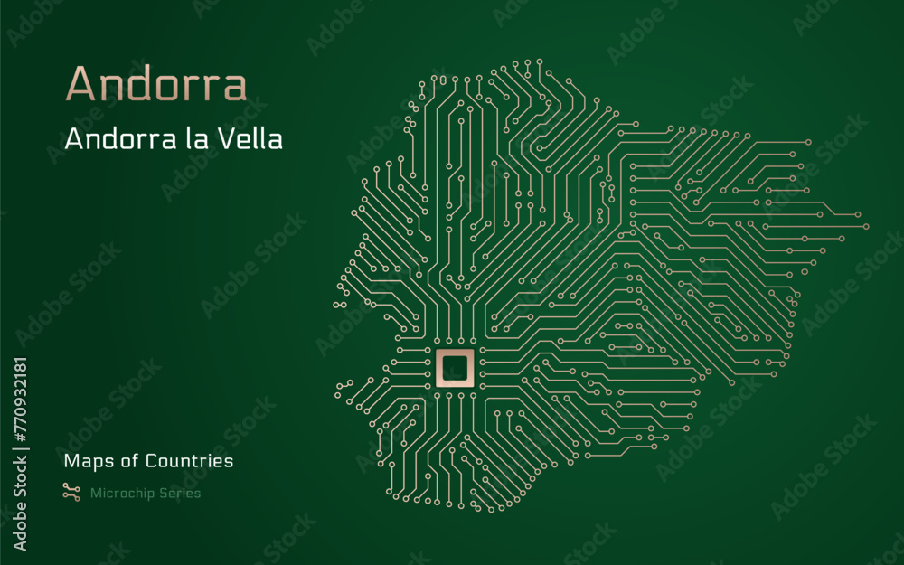 Andorra Map with a capital of Andorra la Vella Shown in a Microchip ...