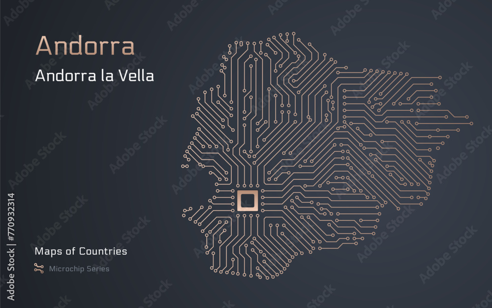 Andorra Map with a capital of Andorra la Vella Shown in a Microchip Pattern with processor. E ...