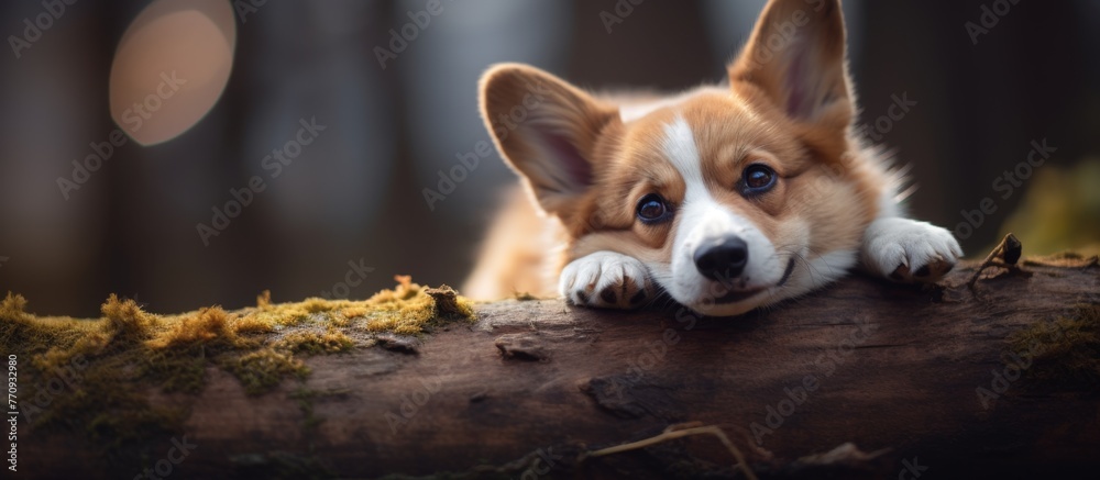 A corgi puppy, a member of the sporting group, is resting on a log in ...