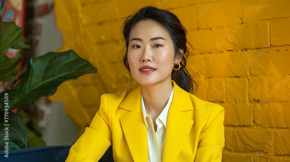 An Asian businesswoman exudes confidence and authority in her yellow ...