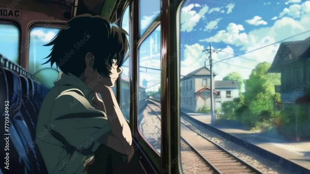 anime style a young man looking through train windows in japan town ...