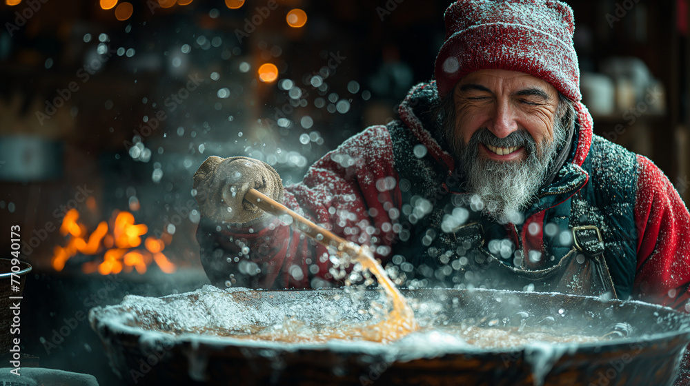A maple syrup artisan carefully skimming impurities off the surface of ...