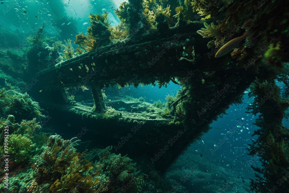 Underwater View of a Sunken Ship in the Ocean, A lost shipwreck ...
