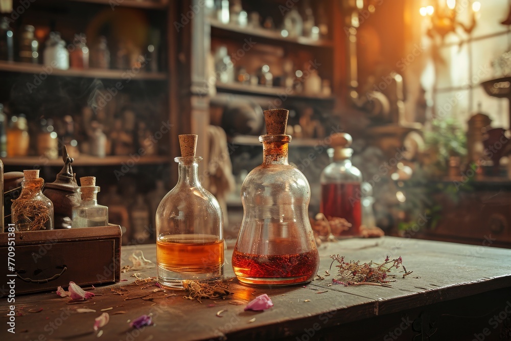 Two bottles of liquor are placed side by side on top of a table, A love ...