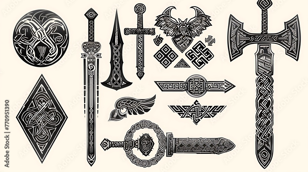 Viking design decorative celtic elements. Warrior vector graphics icons. Vikings warrior items ...