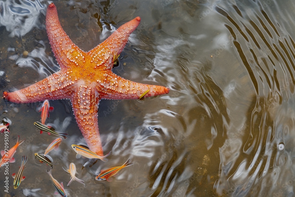 A starfish rests in a body of water as small fish swim around it, A ...