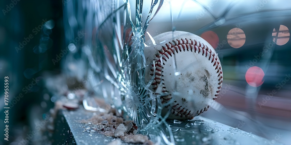 Photo of broken glass window with baseball lodged in it showing damage ...