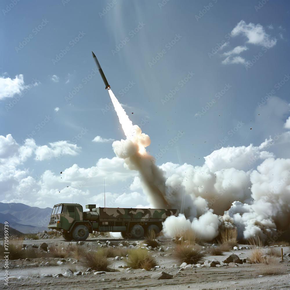 Missile Launch From Mobile Launch Vehicle in Desert Terrain During ...