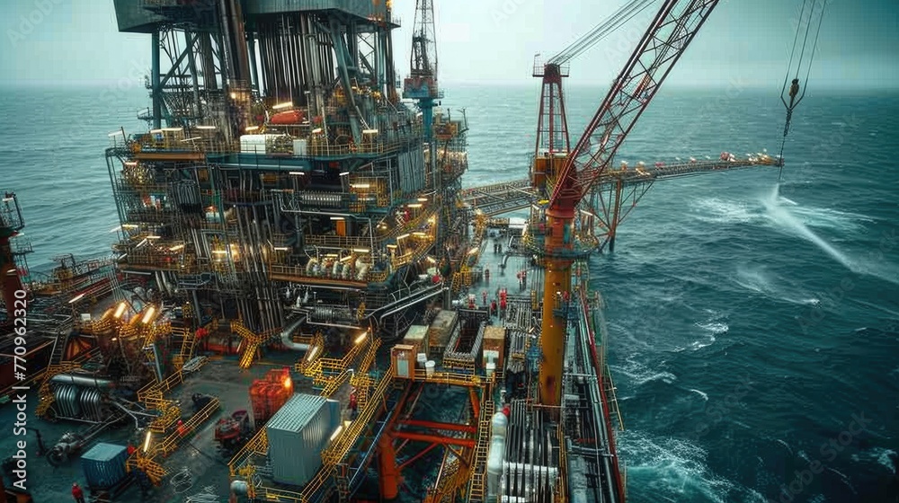 The naval architecture of an oil rig floating in the vast ocean ...