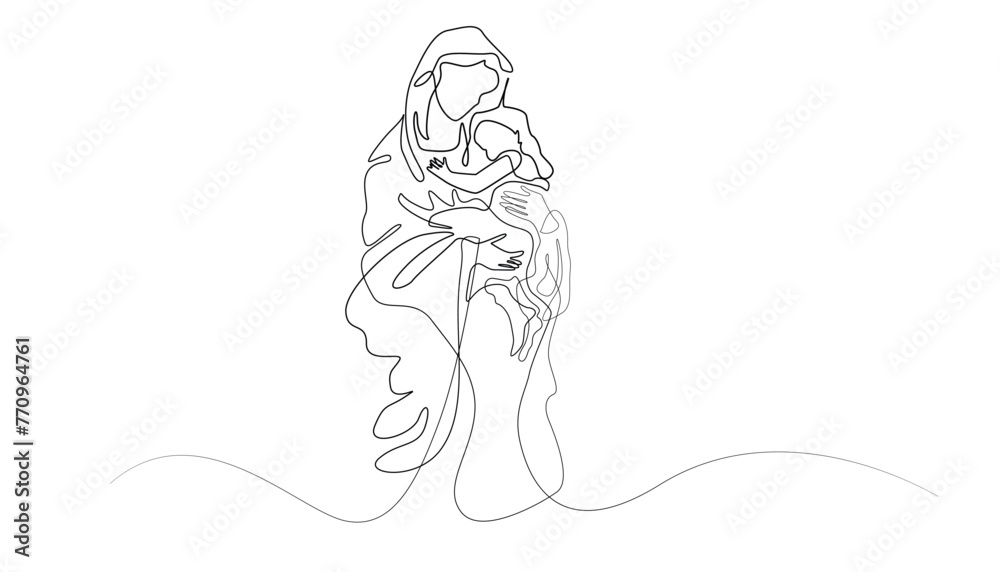 continuous line of mother mary holding baby jesus.our virgin,single ...