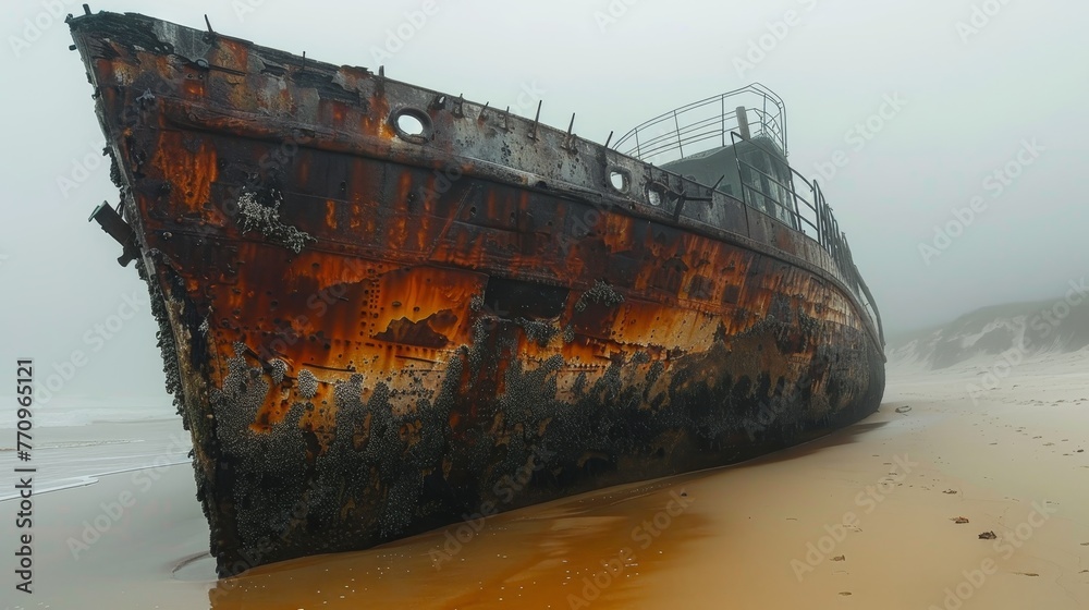 A large, rusted ship is laying on the beach. The ship is covered in ...