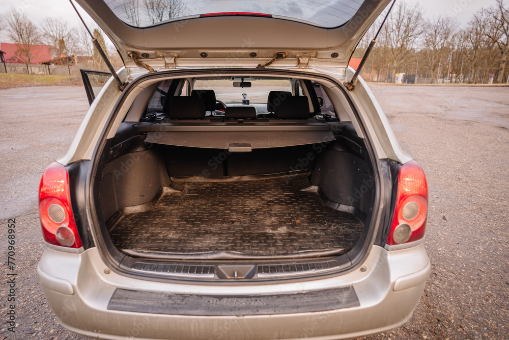 Valmiera, Latvia - March 17, 2024 - View of an open trunk of a silver ...