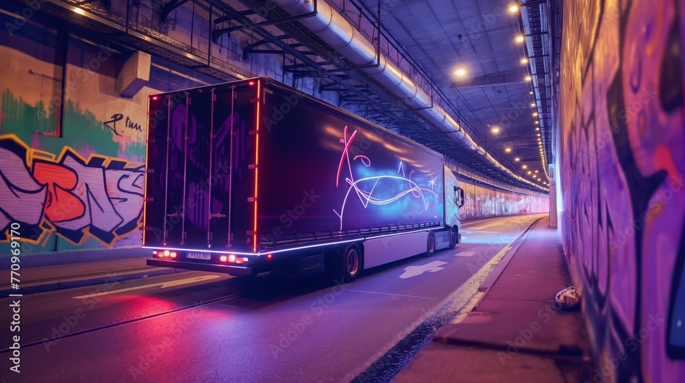 Semi truck passing through a brightly-illuminated tunnel adorned with ...